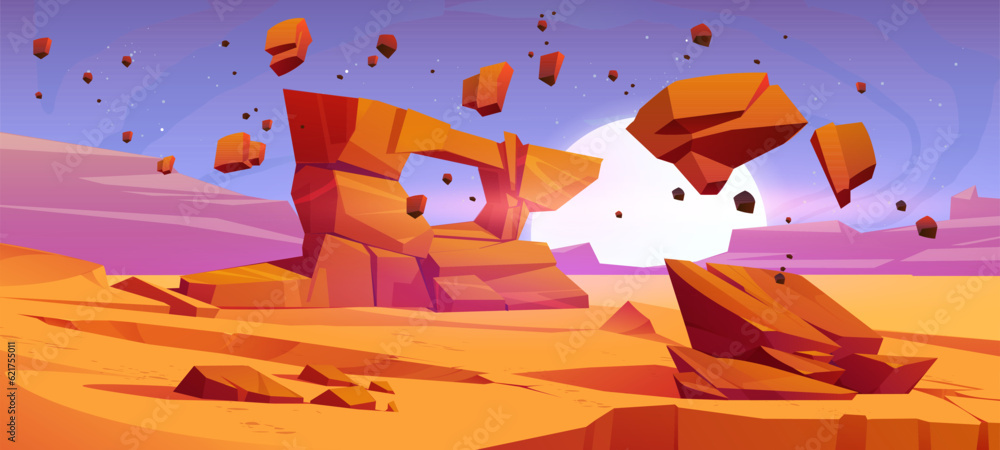 Mars desert landscape with floating rock vector illustration. Martian ...