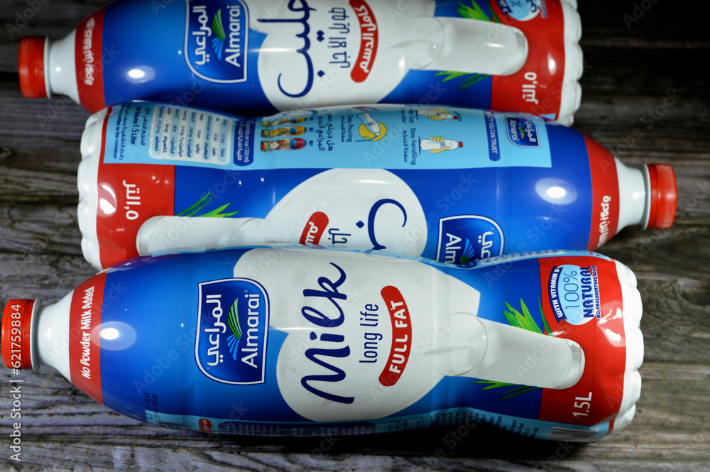 Cairo, Egypt, June 26 2023: Almarai full fat creamy fresh cow's milk of ...