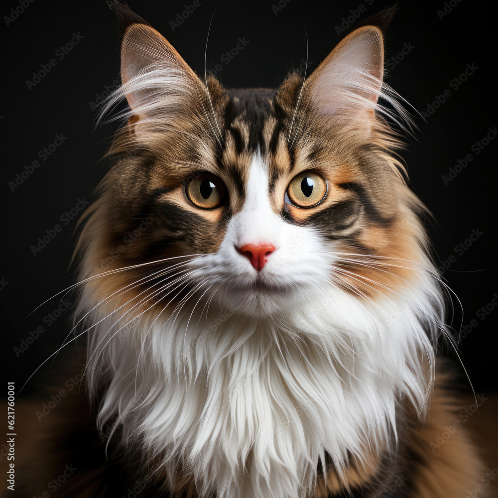 A Norwegian Forest cat (Felis catus) displaying its dichromatic eyes ...