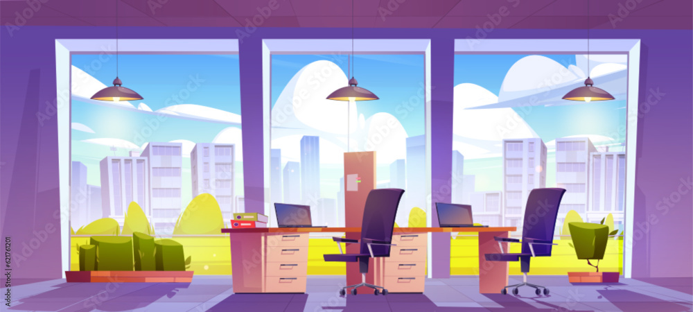 Company office interior with large windows and furniture. Vector ...