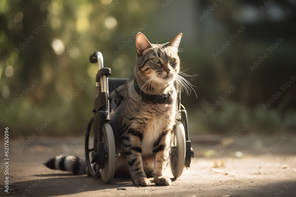Handicapped cat in wheelchair at park, pet disabled walk in summer day ...