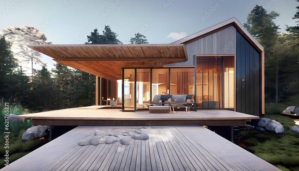 ภาพประกอบสต็อก gazebo in the garden. modern wooden cabin with stone ...