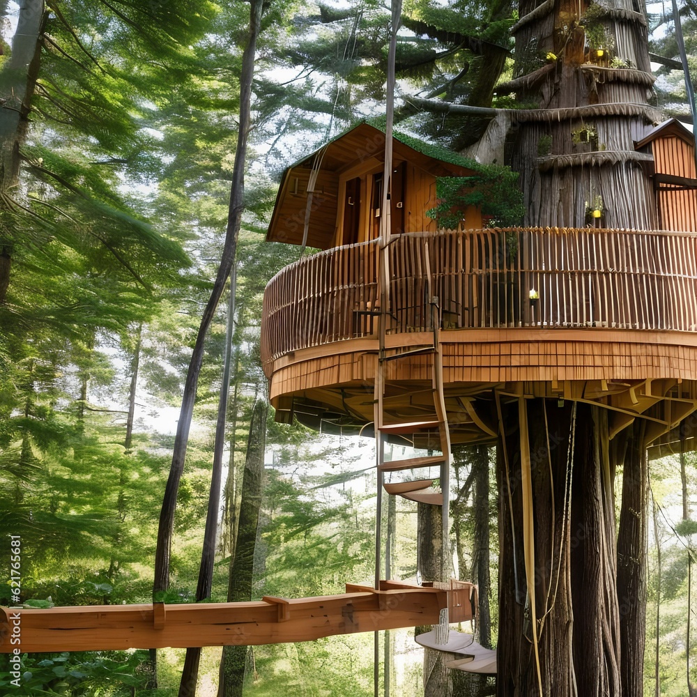 6 A whimsical treehouse suspended amidst tall trees, with rope bridges ...