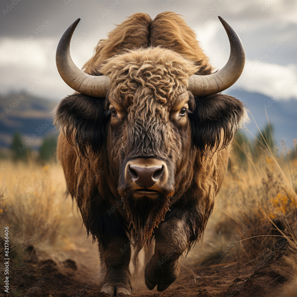 A majestic bison (Bison bison) roaming the grassland with an imposing ...