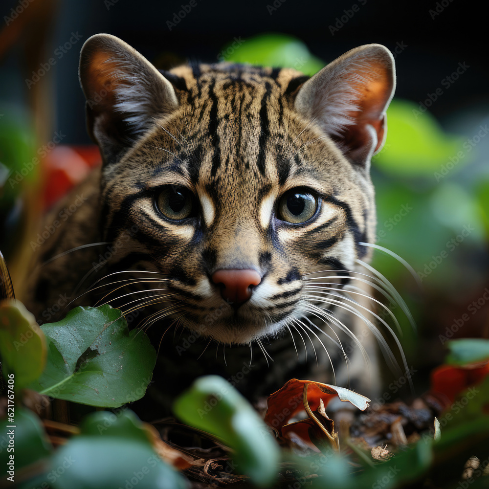 A mysterious ocelot (Leopardus pardalis) lurking in its enigmatic ...