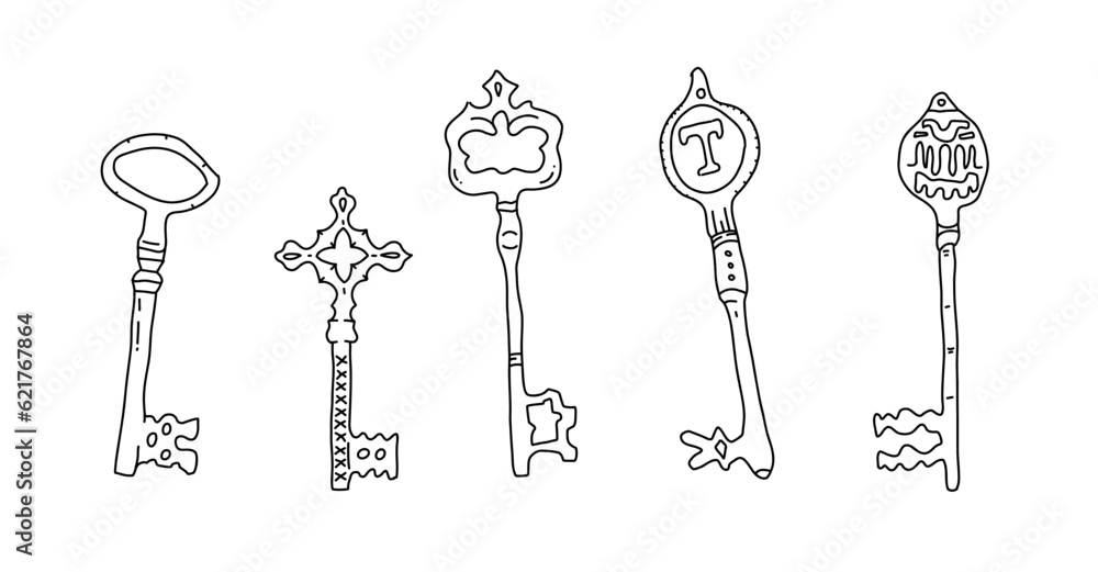 Vintage key doodle collection. Set of different hand drawn old keys ...