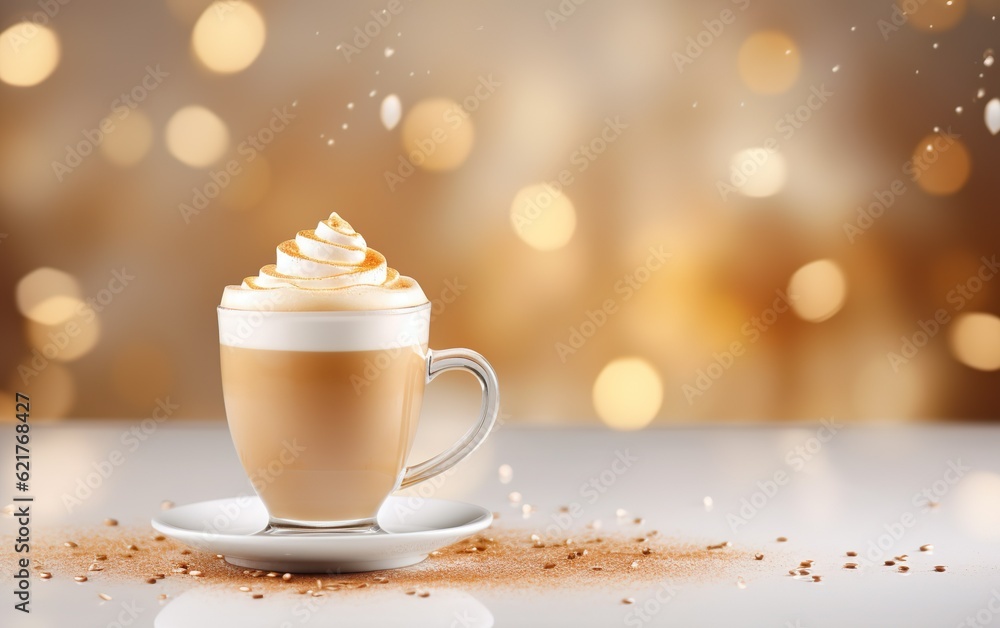 glass cup of latte with cinnamon and whipped cream on a white plate ...