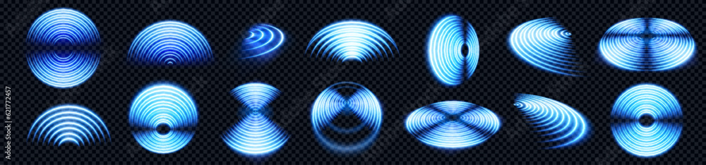 Realistic set of blue radio wave signal signs isolated on transparent ...