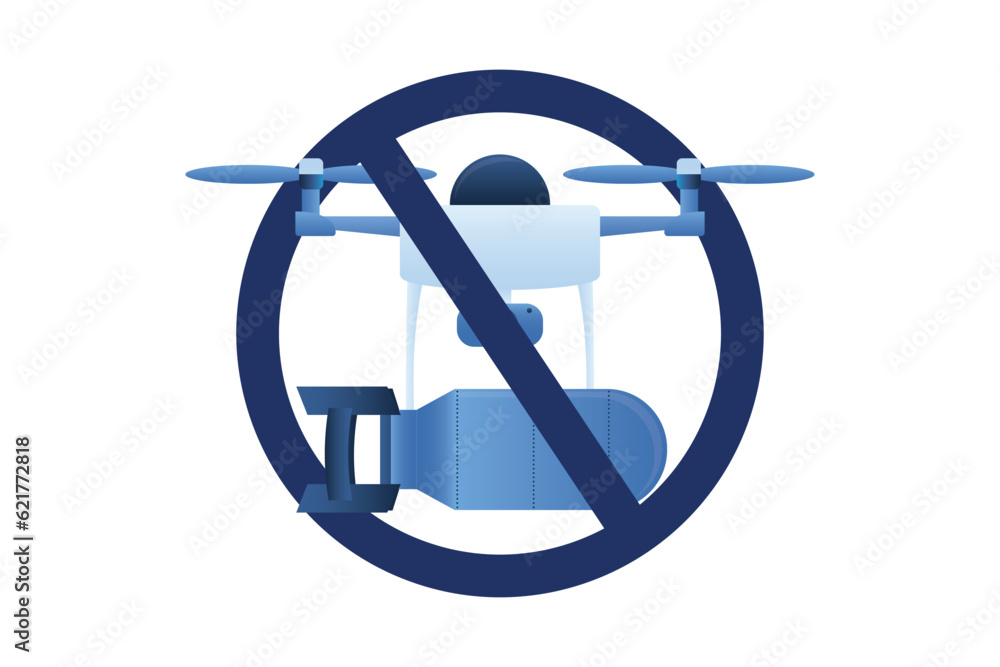 Drone and bomb is crossed out with forbidding sign. Stop war, banner ...