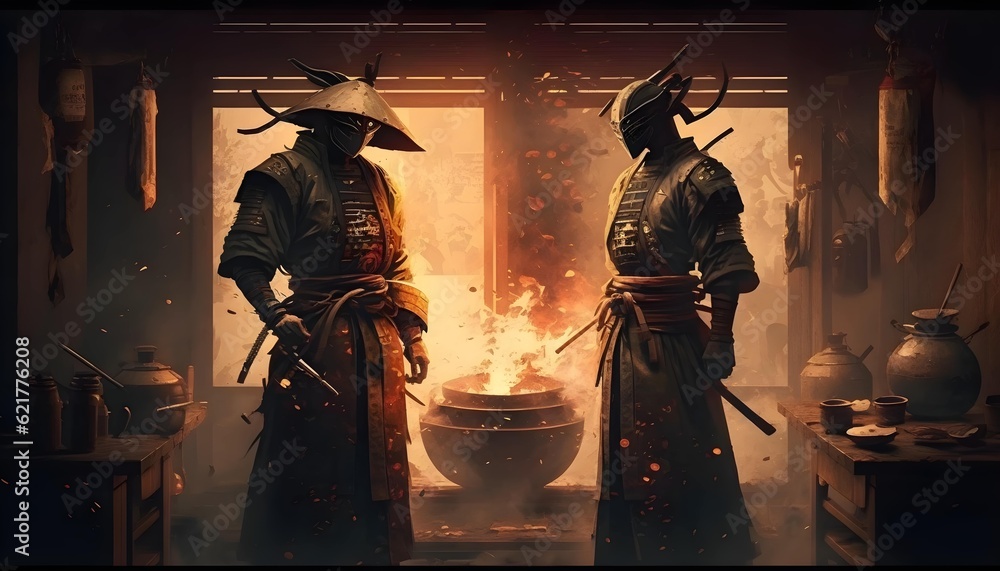two samurai are fighting on katanas in buildings standing. Generative ...