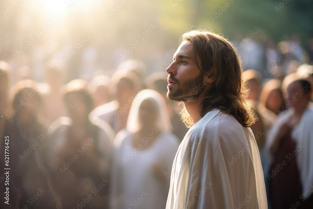 illustrational view of jesus christ in white clothes and loving ...