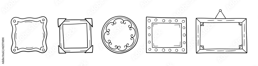 Vintage hand drawn picture frames. Doodle photo frames set. Blank black ...