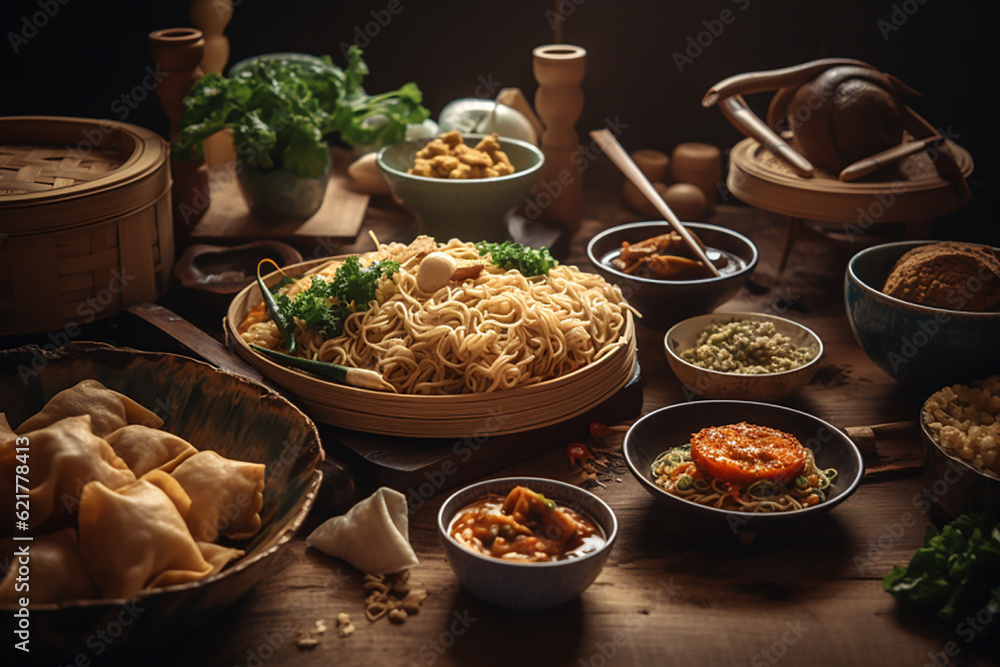 Asian food table with various kind of chinese food, noodles, chicken ...