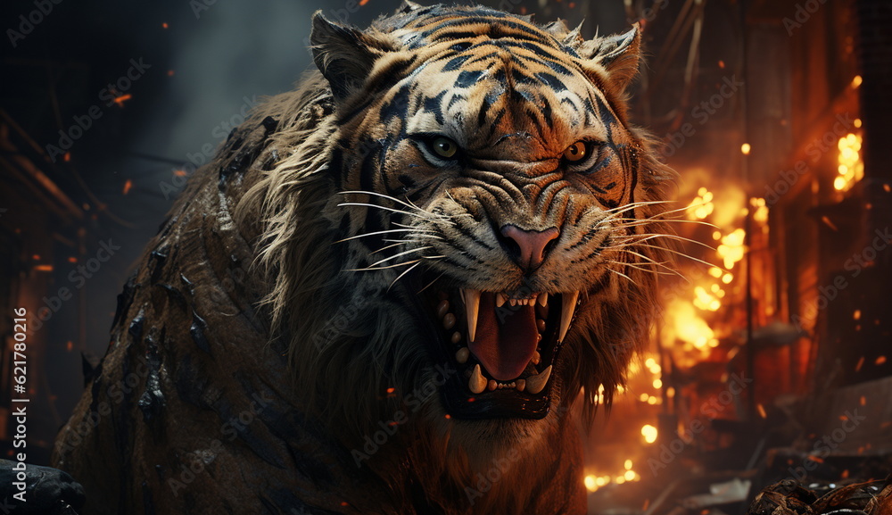 A striking artwork capturing the chaos as a raging tiger roams through ...