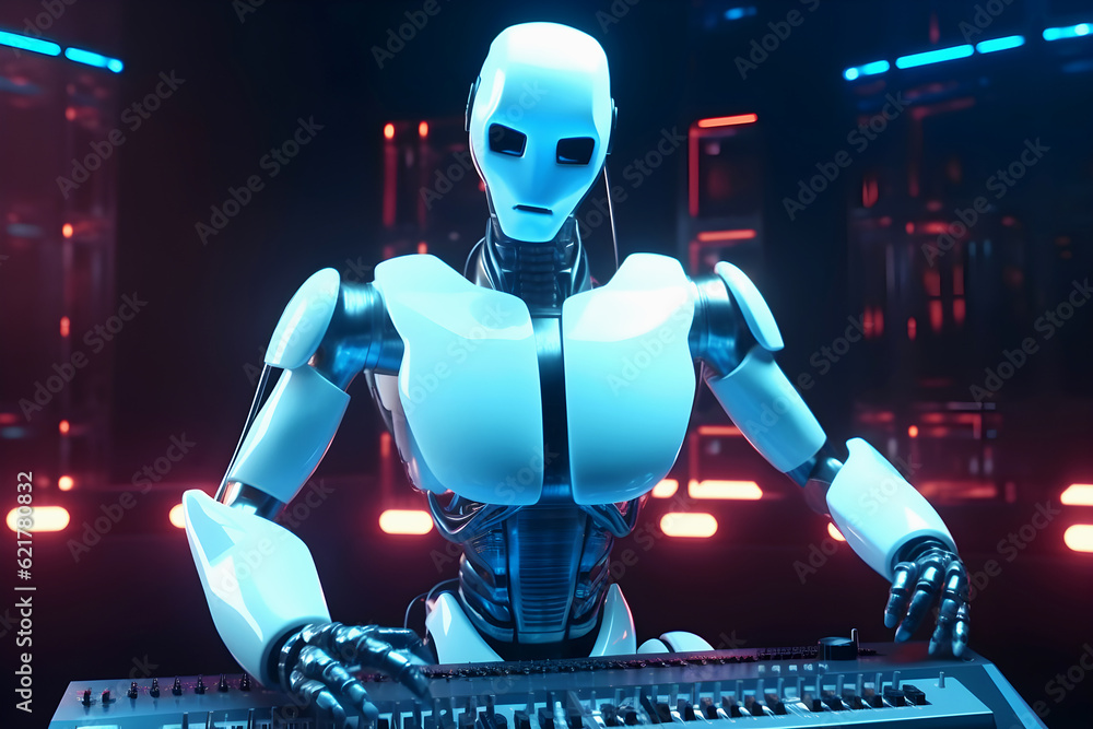 Robot plays musical instrument in nightclub. Disco, leisure and ...