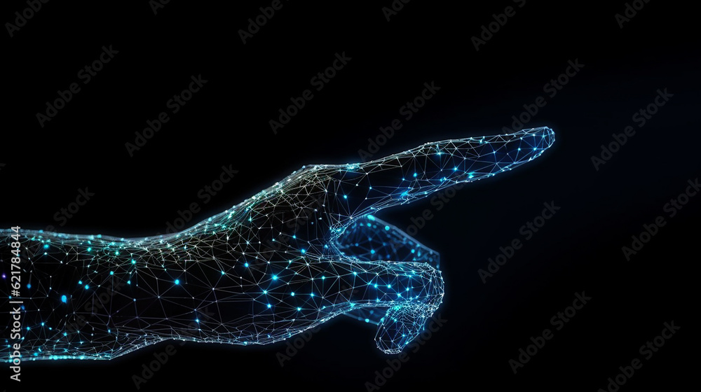 Blue abstract 3d hand make as pointing gesture with Low poly wireframe ...