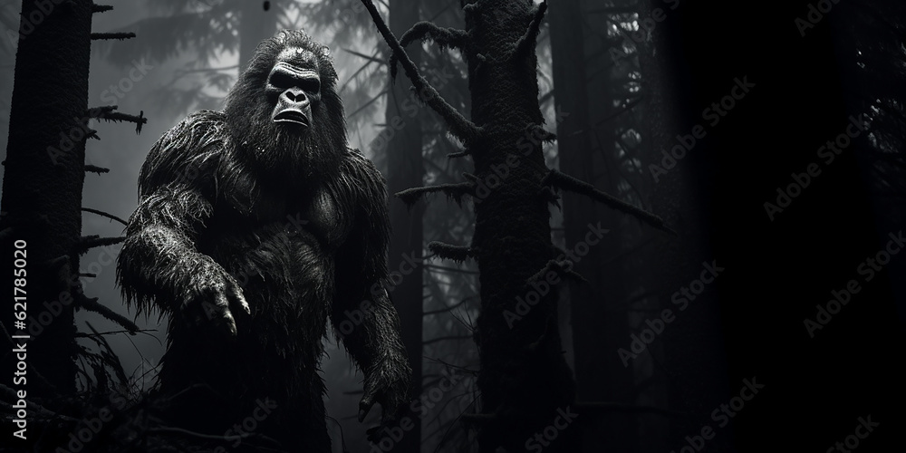 Black and white portrait of a Bigfoot wood ape in a North American ...