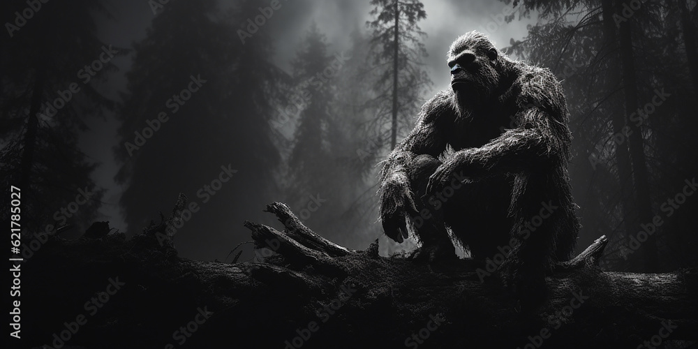 Black and white portrait of a Bigfoot wood ape in a North American forest at night. Sasquatch in ...