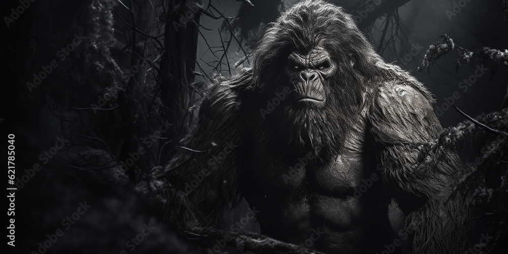 Black and white portrait of a Bigfoot wood ape in a North American ...