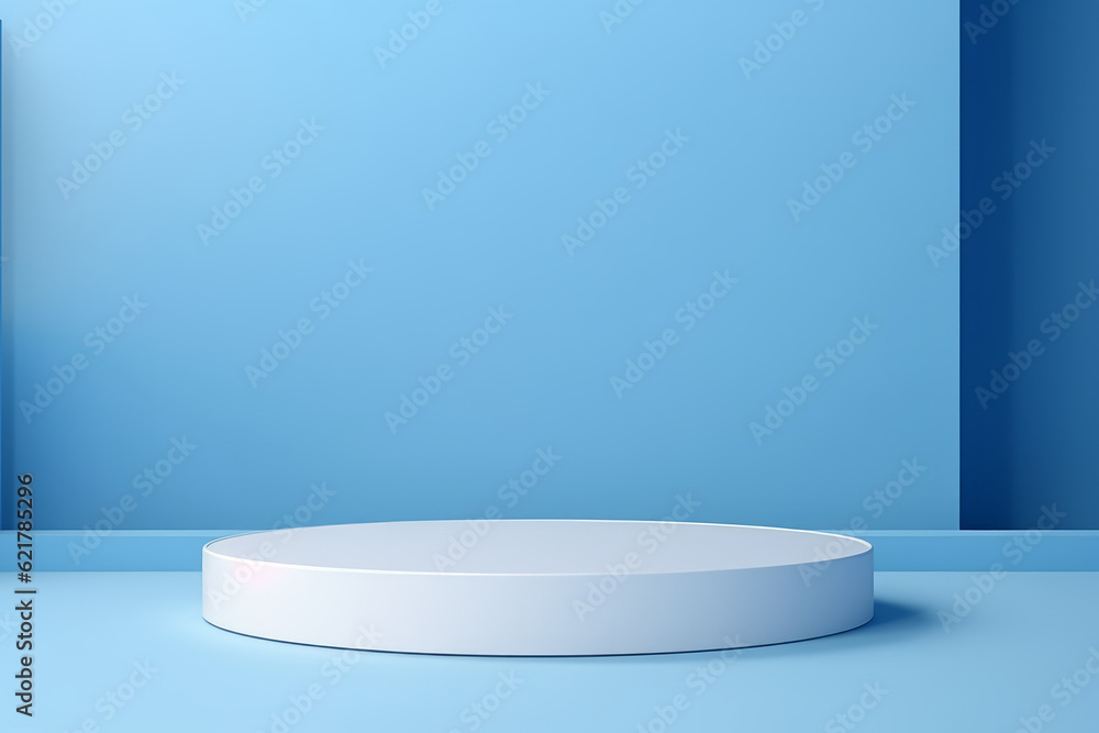 Blank product display on blue studio background with pedestal or podium ...