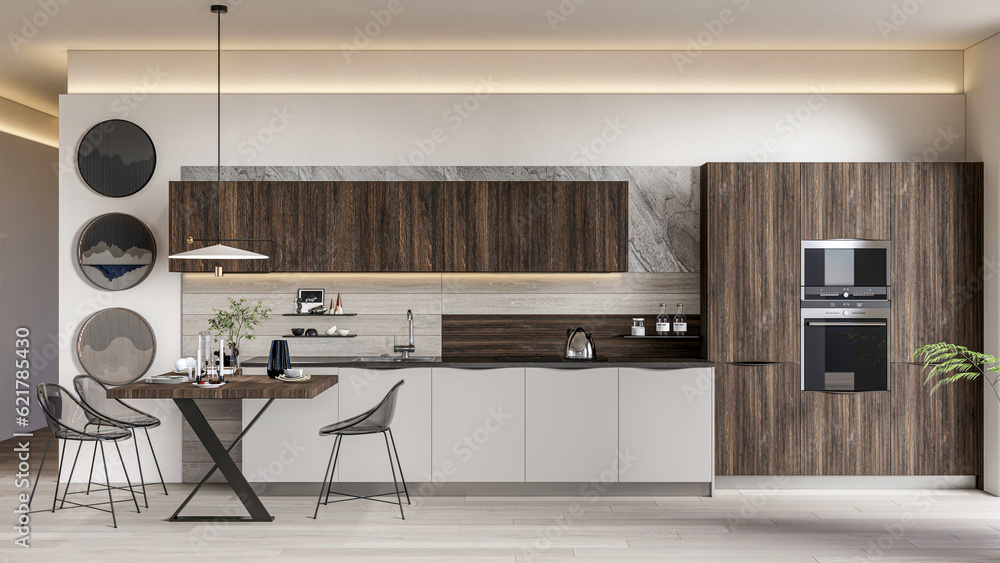 3d rendering modern kitchen modular interior design Stock Illustration ...
