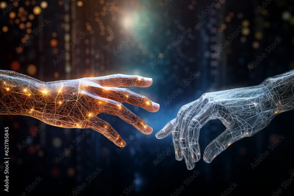 AI, Machine learning, Hands of robot and human touching on big data ...
