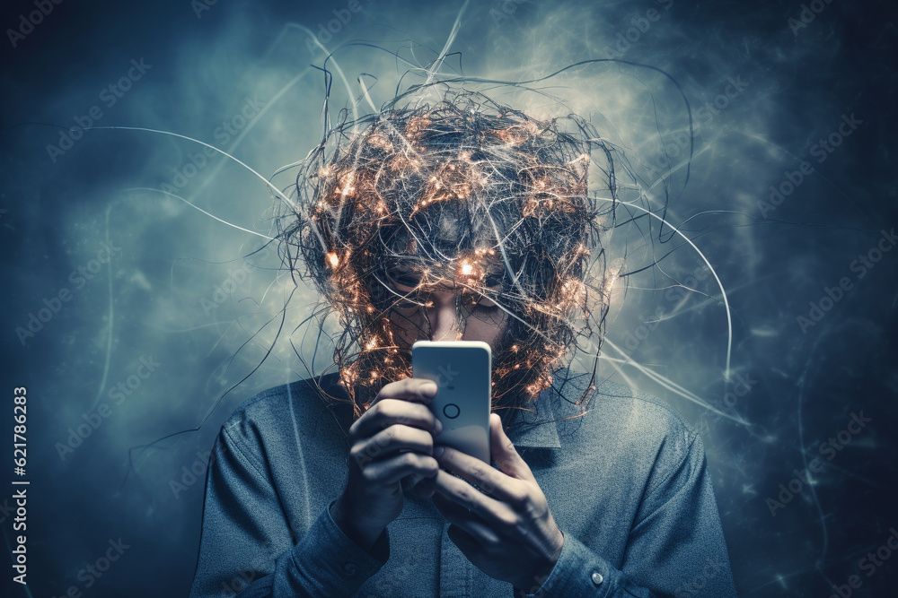 Man engrossed in his mobile phone, while his head is entangled with a ...