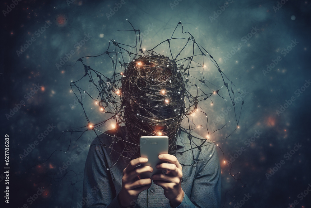 Man engrossed in his mobile phone, while his head is entangled with a ...