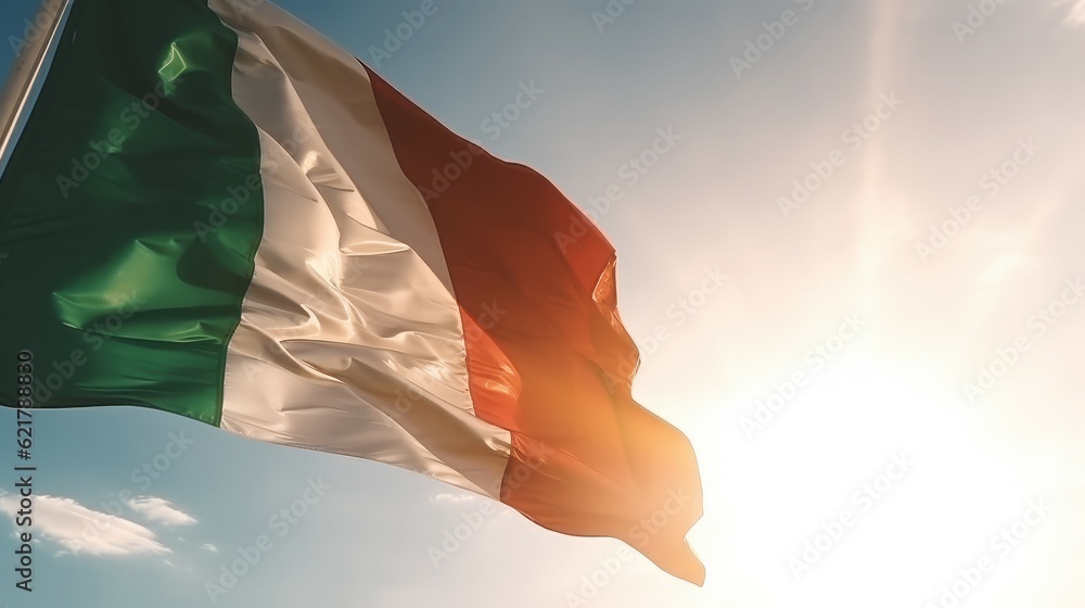 Italian flag waving in the wind on blue sky background with sun flare ...