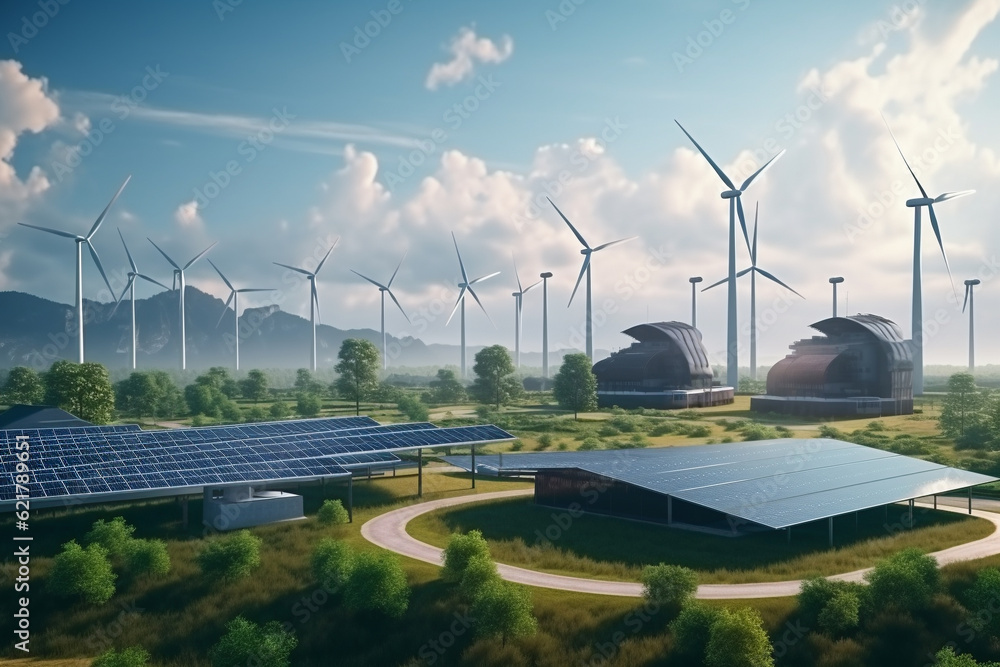 Solar panels and wind turbines illustration, symbolizing the renewable energy revolution and our ...