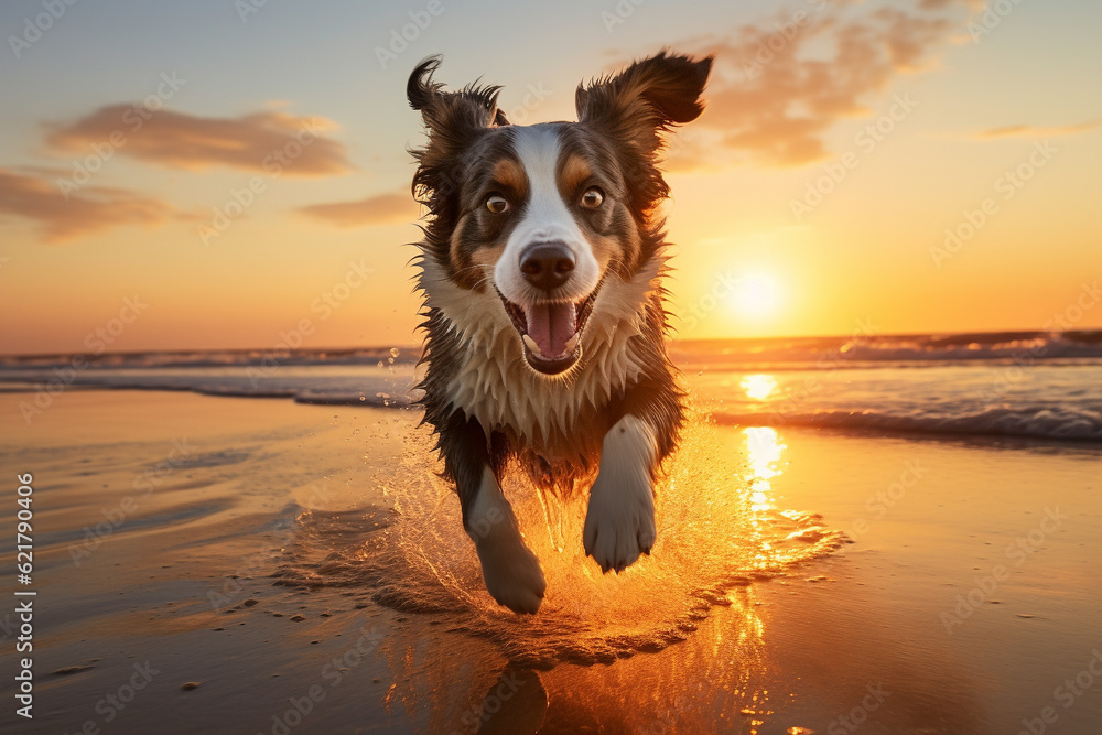 Wet dog running freely on a beach during a mesmerizing sunset. playful ...