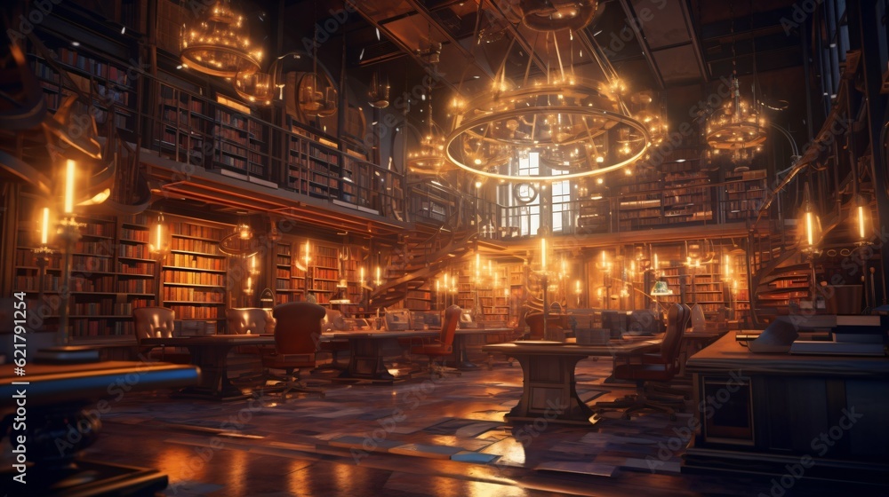 medieval library, gothic reading room interior with desks, old ...