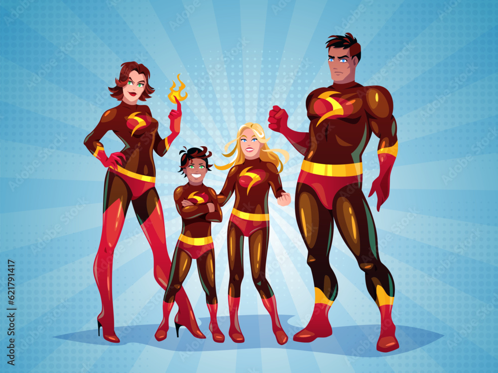 Super heroes family. Cartoon parents with children in costumes ...