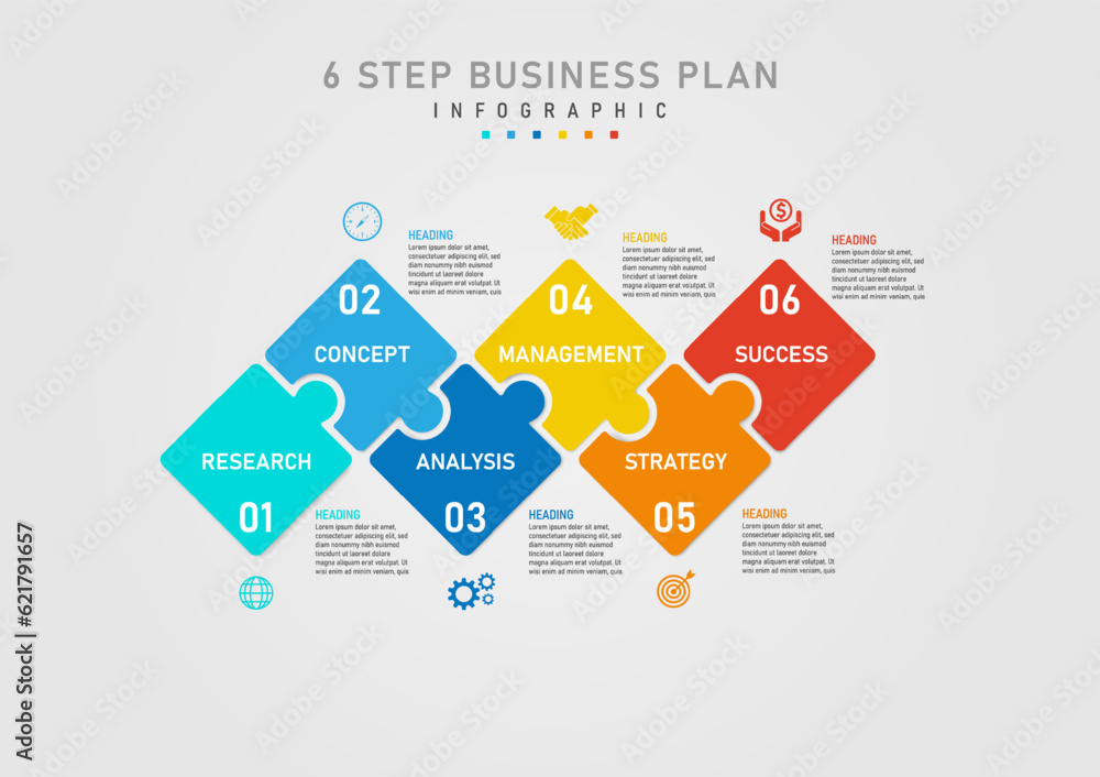 infographic template 6 steps success plan business multi colored squares lined numbers with ...