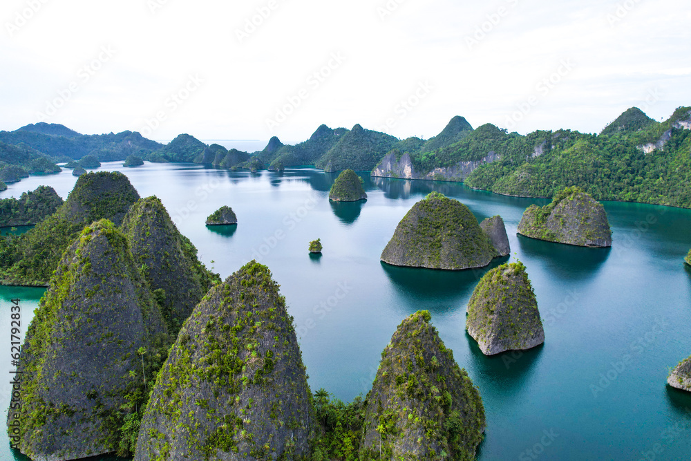 View from the top of the Wayag Islands. Blue Lagoon with Green Rocks ...