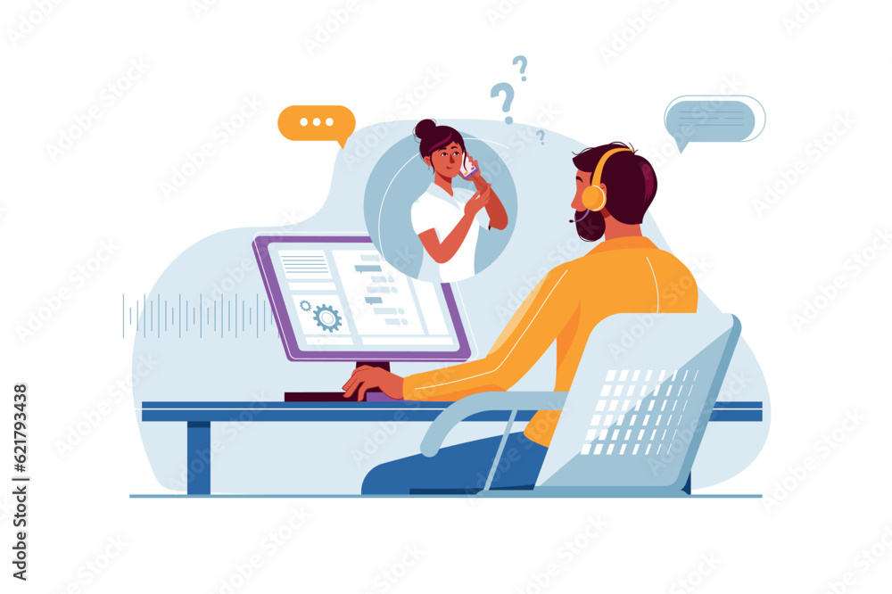 Call center concept with people scene in the flat cartoon design. A ...