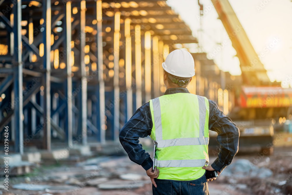 Foto de Asian Male Foreman Inspects Objects at the Construction Site of ...