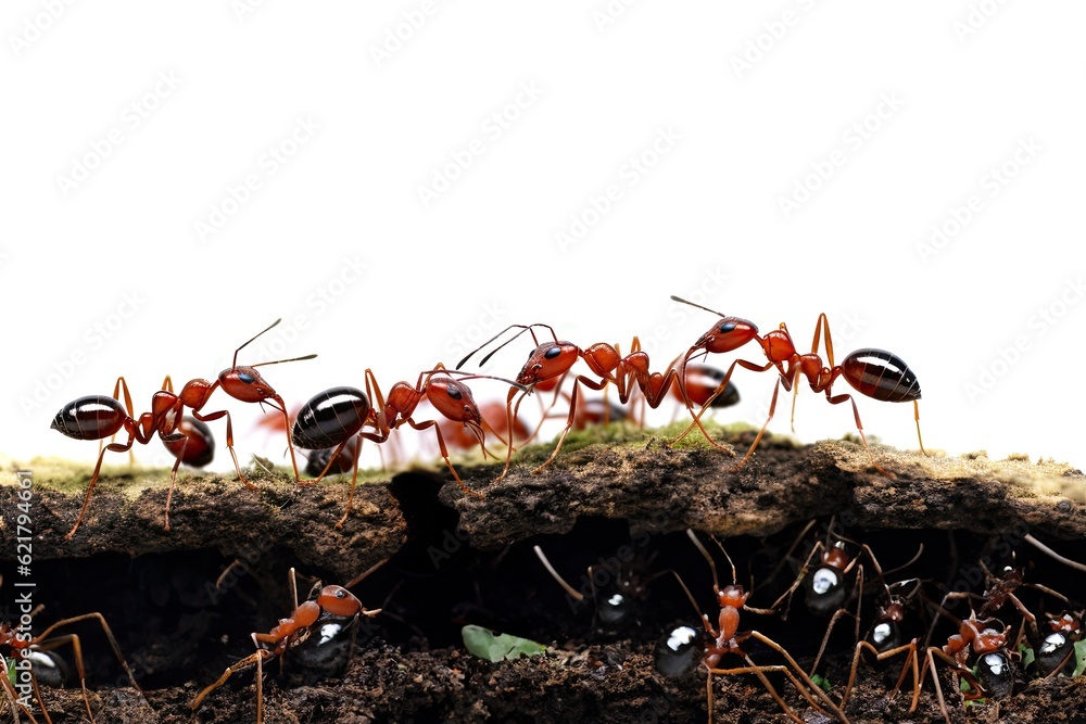 A close-up view of red ants as they gather food and transport it to ...