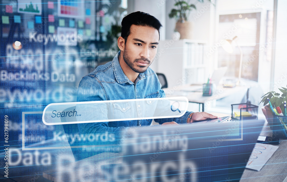 Man Tablet And Hologram For Seo Startup Ux Web Design And Planning