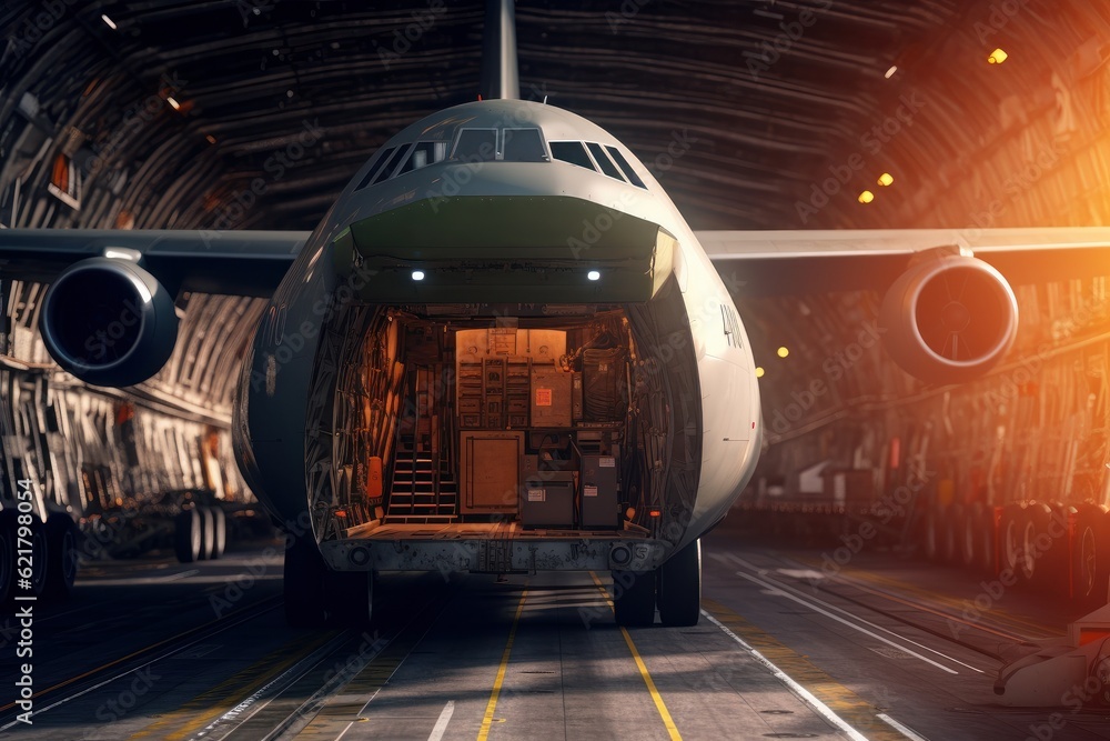 Loading transport aircraft in the hangar of cargo terminal. Large bales ...