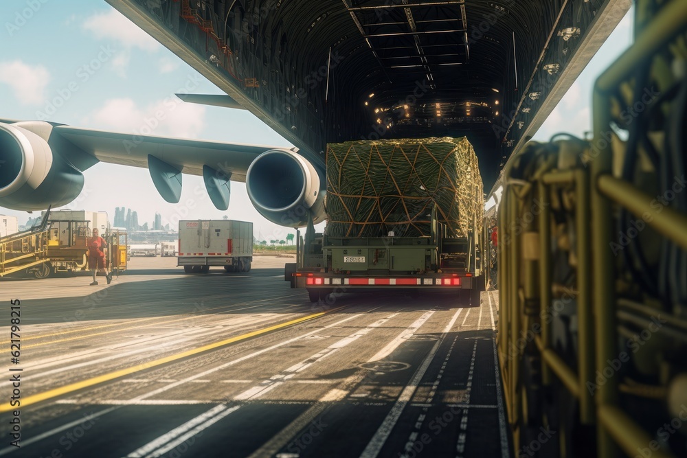 Loading transport aircraft in the airfield of cargo terminal. Large ...