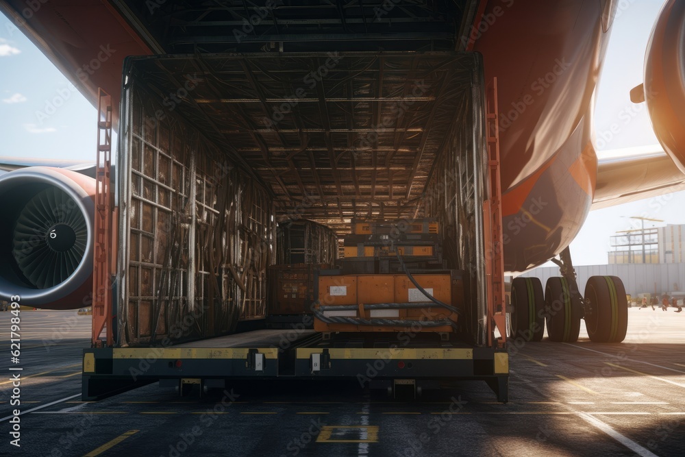 Loading transport aircraft in the airfield of cargo terminal. Large ...