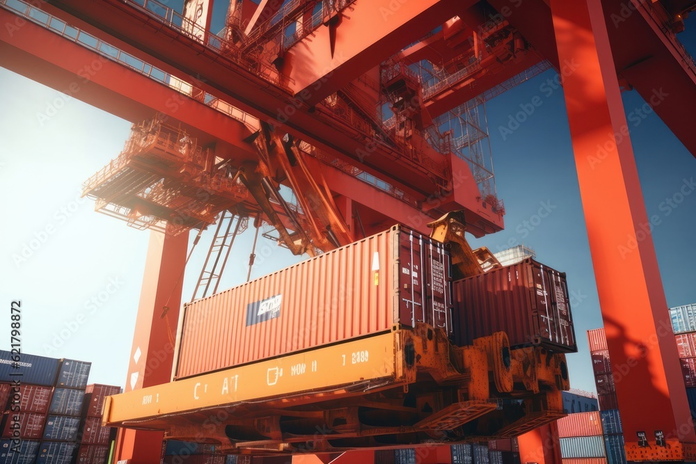 Close-up of a huge port crane. Containers are stacked on the loading ...