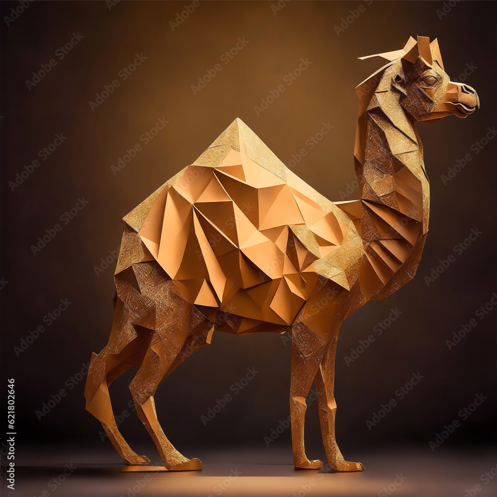 origami paper Camel sculptures in a mesmerizing light golden shiny ...