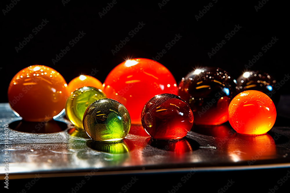 Innovative vivid gastronomic spheres on stark black backdrop signify ...