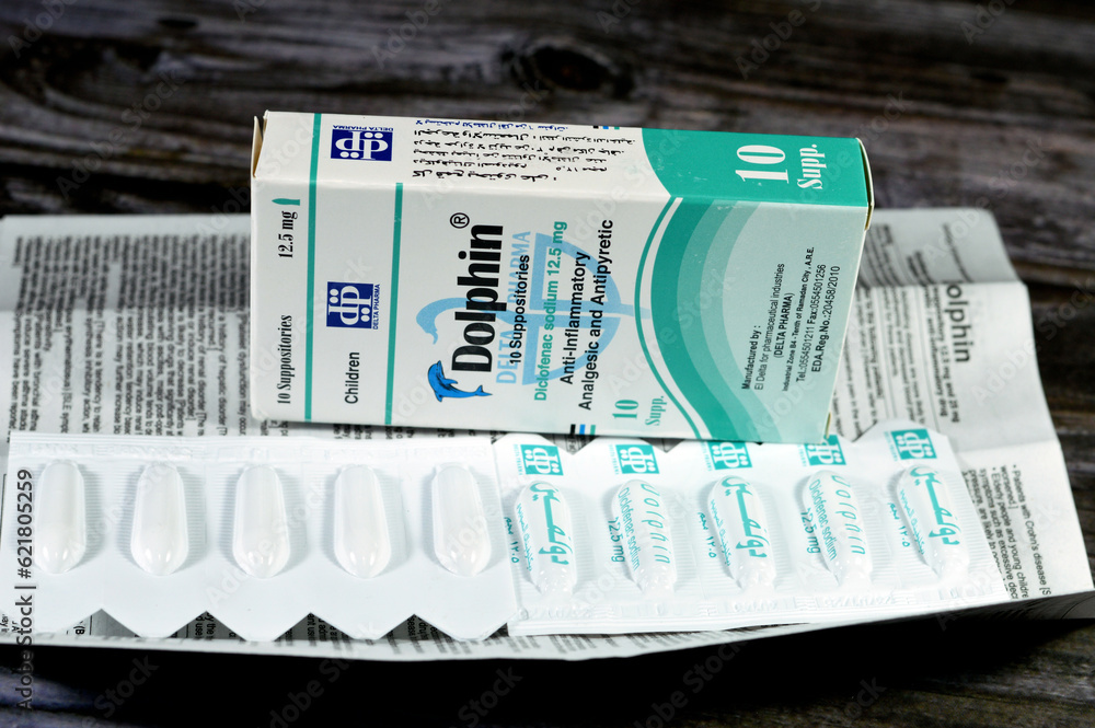 Cairo, Egypt, June 26 2023: Dolphin 12.5 mg 10 Supp. Diclofenac Sodium ...