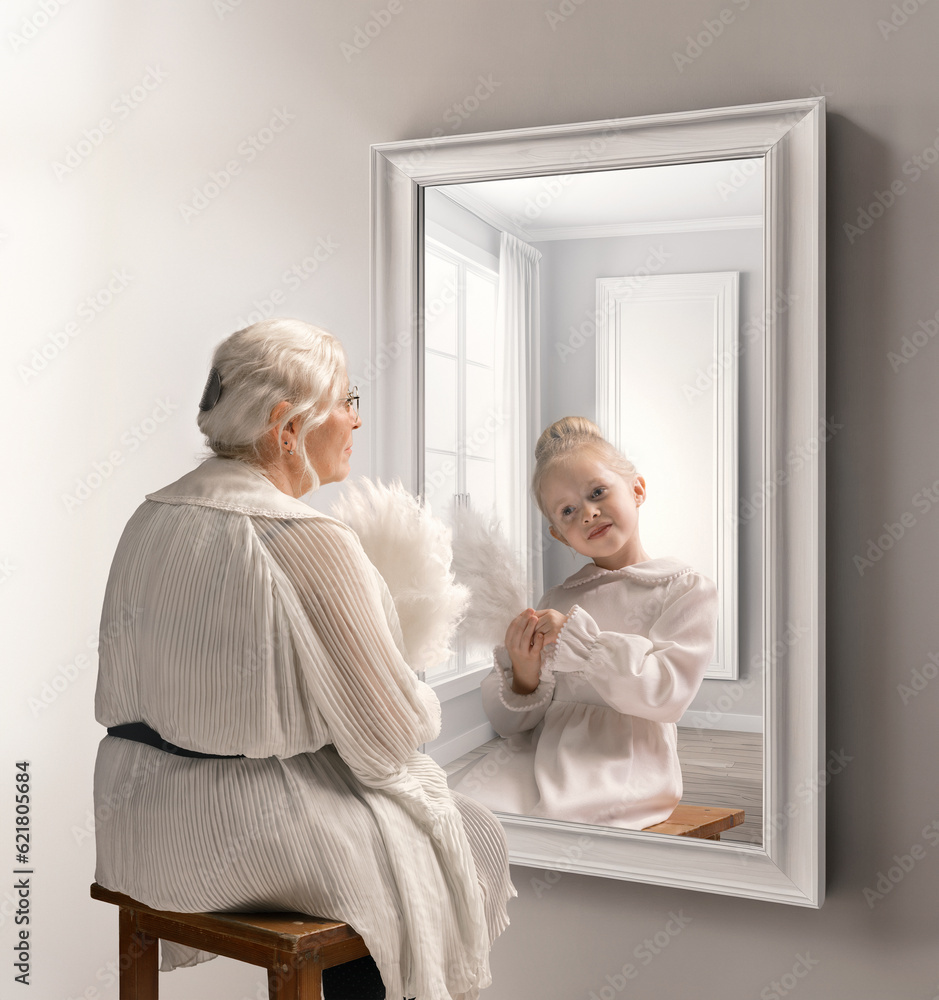Creative conceptual collage. Senior lady, woman looking in mirror with ...
