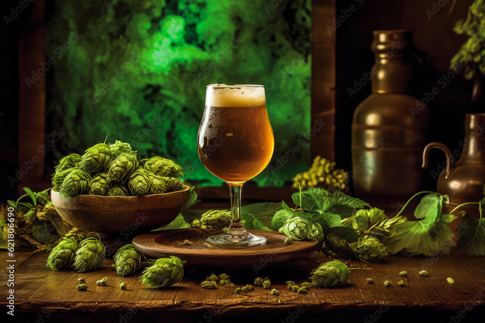 Captivating visual of the beer crafting process. Layers of barley, hops ...