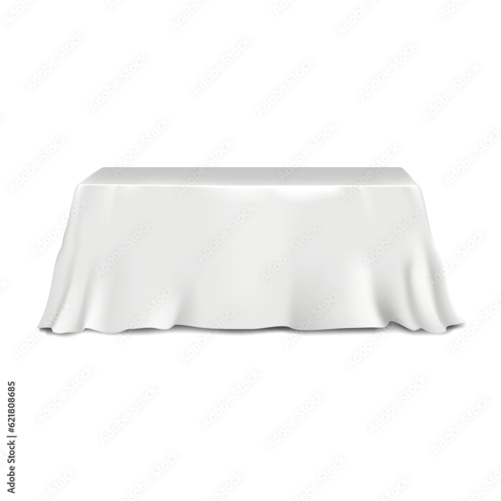 Table covered with white blank tablecloth realistic vector mock-up Stock Vector | Adobe Stock