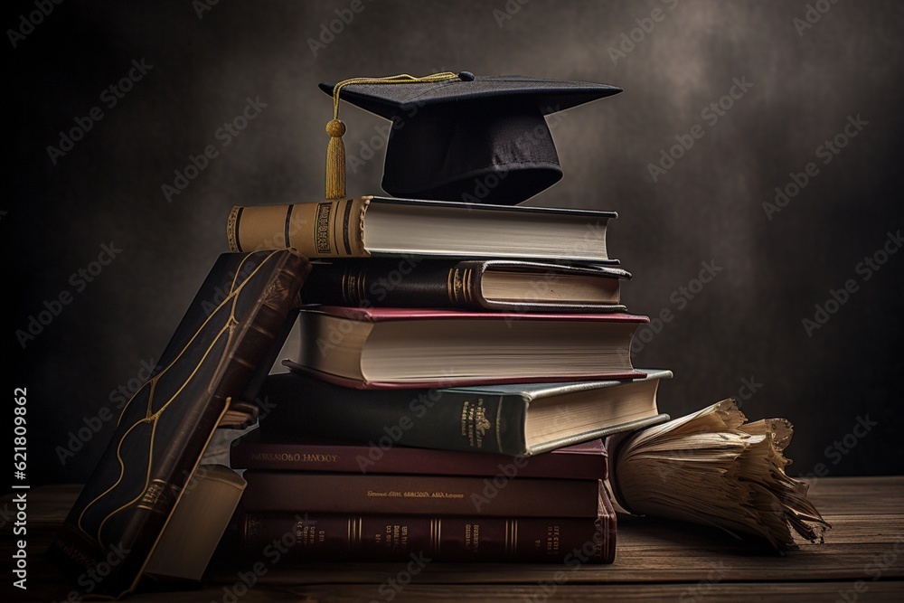 front view of stacked books, a graduation cap and ladders for education ...